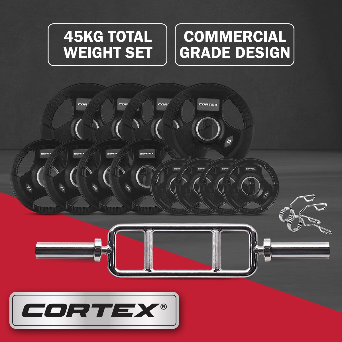 Buy CORTEX 45kg Tri Bar V2 50mm Olympic Weight Set - MyDeal Australia