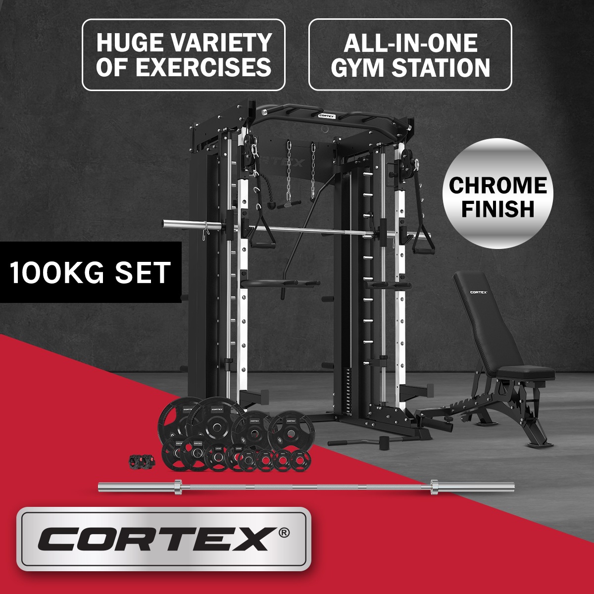 Buy CORTEX SM26 Multi Gym with 100kg Olympic Tri-Grip Weight, Bar and ...