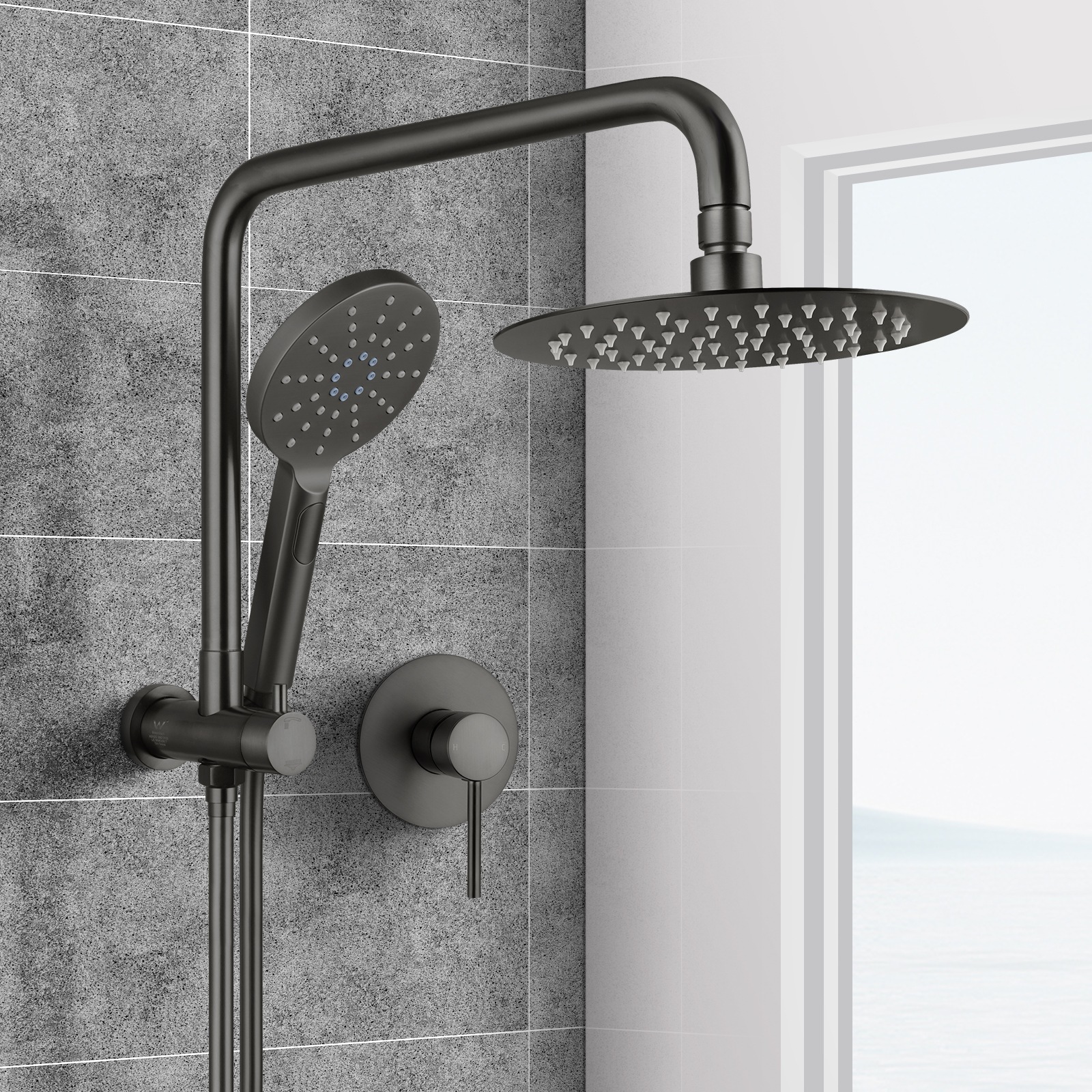 Buy ACA Gunmetal Grey 8" Round Shower Head 3-Mode Handheld Gooseneck ...