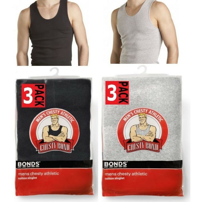 Buy Mens Bonds 3 Pack Chesty Cotton Singlets Black Grey Underwear Mens ...