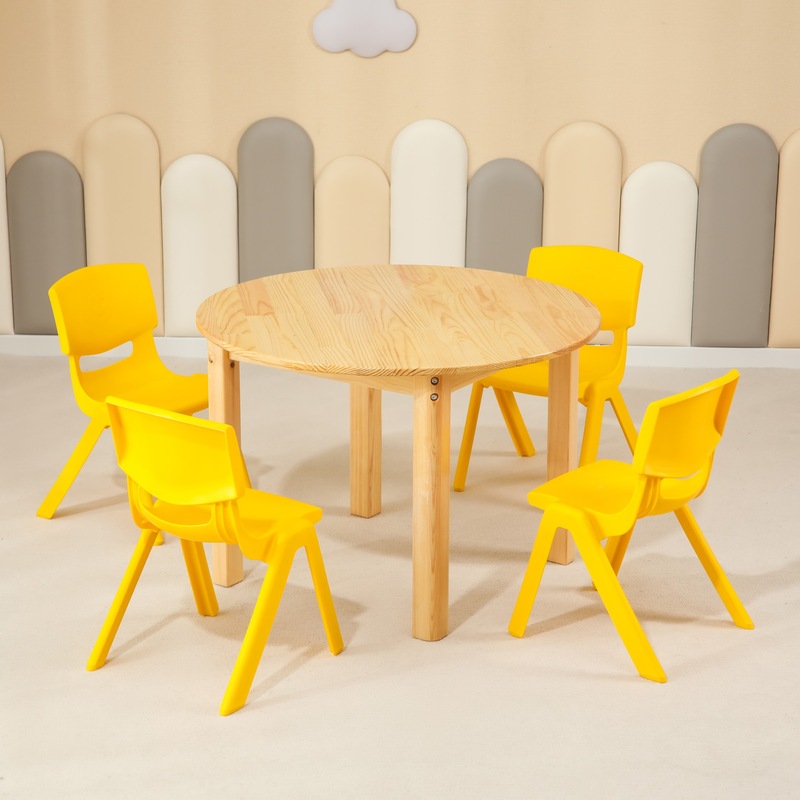 Buy 80CM Round Wooden Kids Table and 4 Yellow Chairs Set Pinewood ...