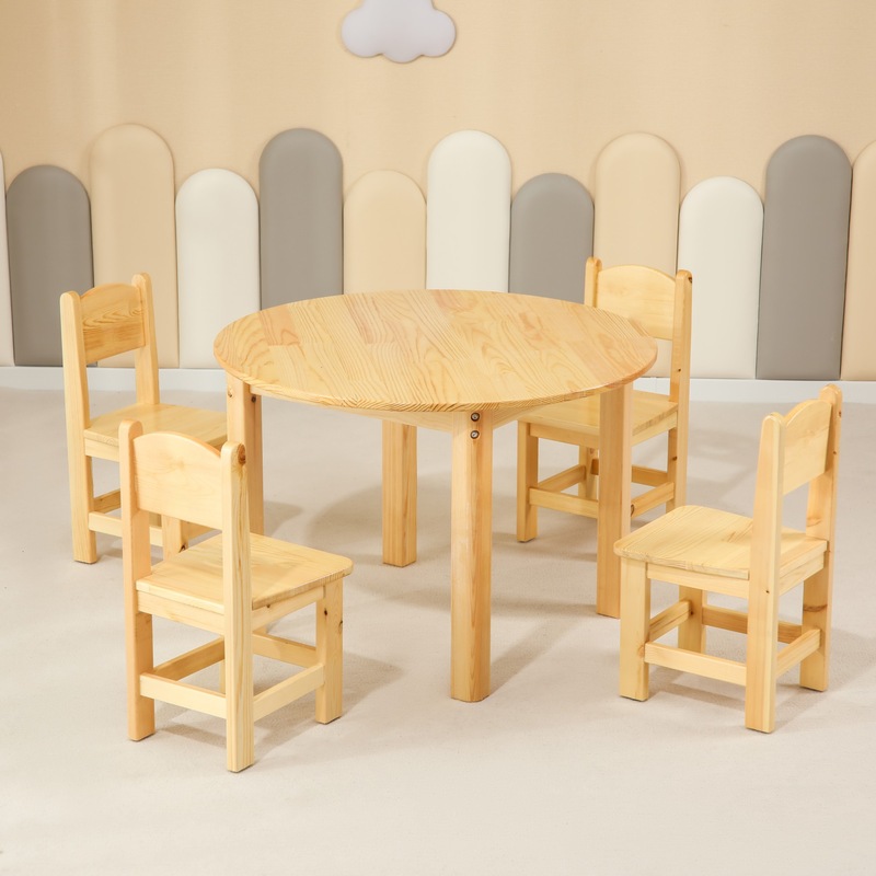 Buy 80CM Round Wooden Kids Table and 4 Wooden Chairs Set Pinewood ...