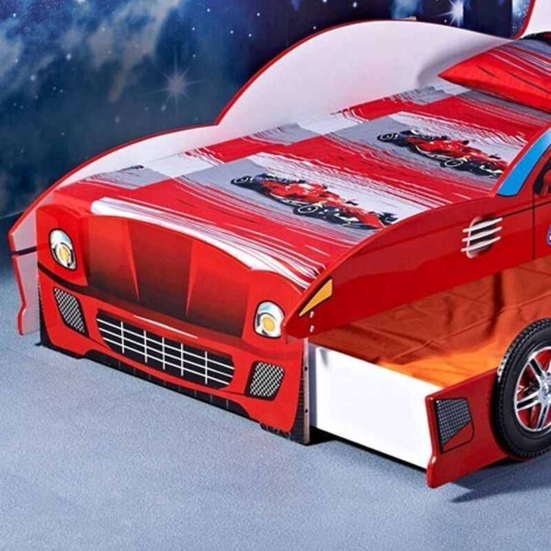 Kids Single MDF Racing Car Bed Frame w Trundle Red - MyDeal