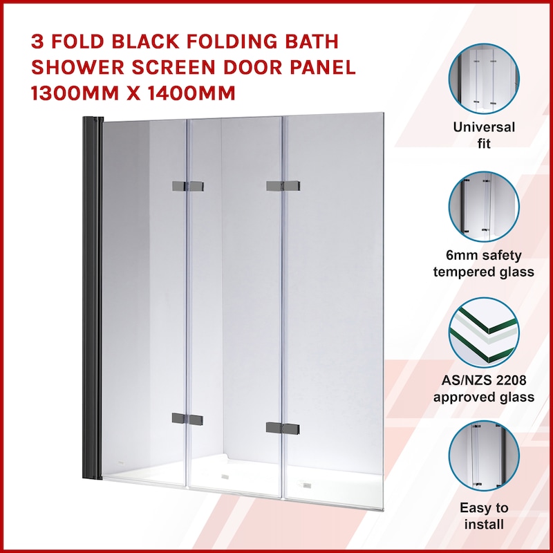 3 Fold Black Folding Bath Shower Screen Door Panel 1300mm X 1400mm