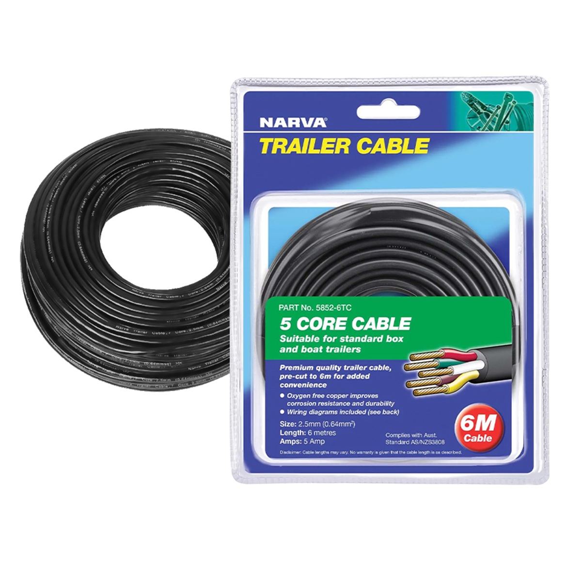 Buy Narva 5 Core Trailer Cable 2.5mm 5A 6m Wire Cable V90 PVC Insulated ...
