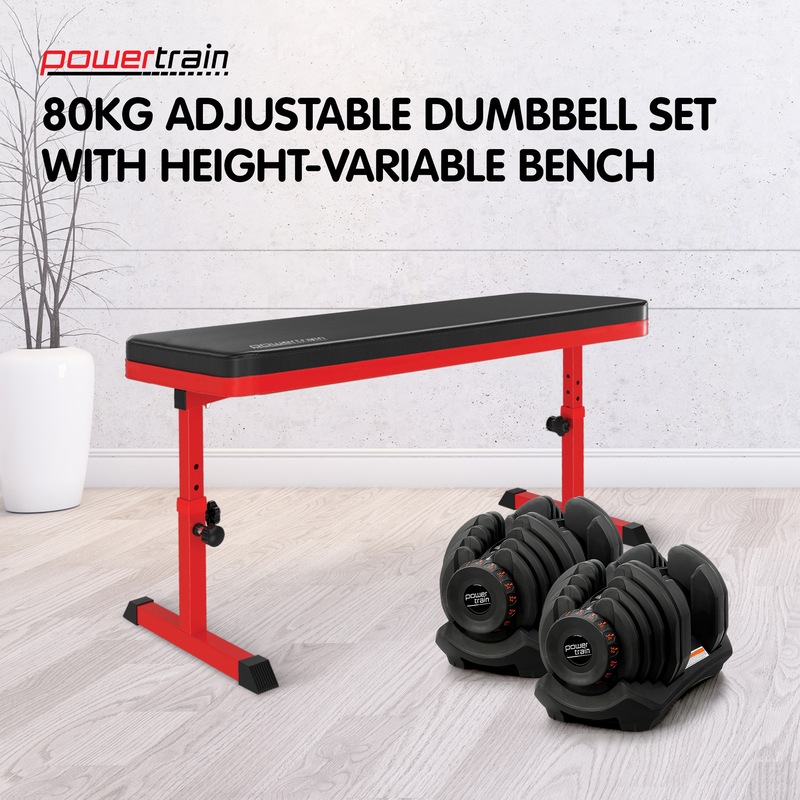 Buy Powertrain 80KG Adjustable Dumbbell Set with Height-Variable Bench ...