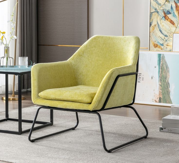Buy Yellow Linen Armchair Lounge Chair Accent Retro Armchair Sled Base ...
