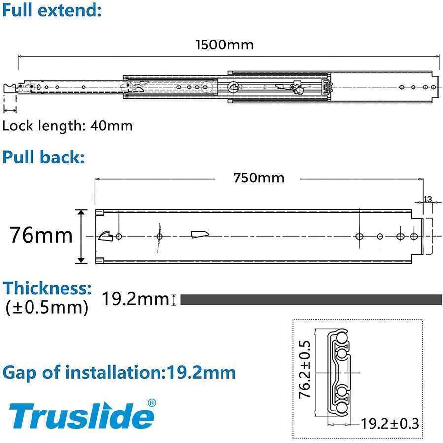 Buy TRUSLIDE Locking Drawer Slides 750mm (1500mm Extended) 227KG Heavy ...