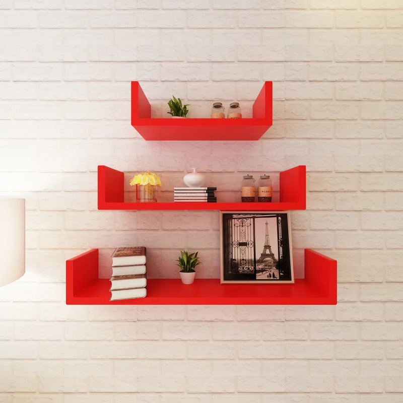Buy 3 Red MDF U-shaped Floating Wall Display Shelves Book/DVD Storage ...