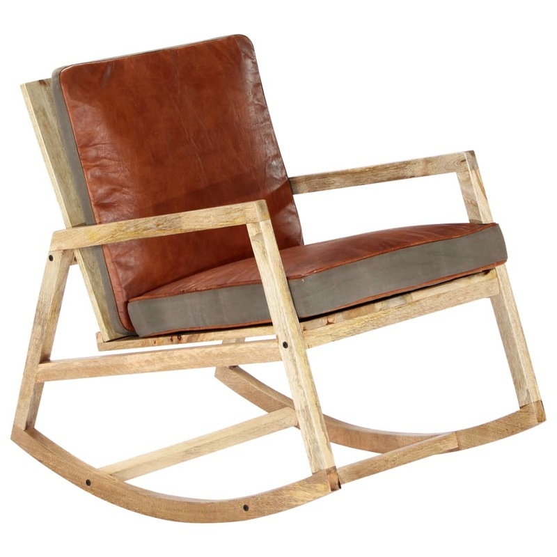 Buy Rocking Chair Brown Real Leather and Solid Mango Wood - MyDeal
