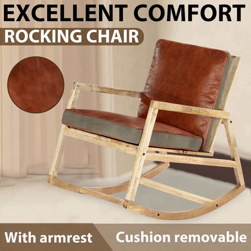 Rocking Chair Brown Real Leather and Solid Mango Wood - MyDeal