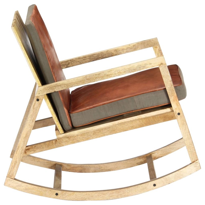 Rocking Chair Brown Real Leather and Solid Mango Wood - MyDeal