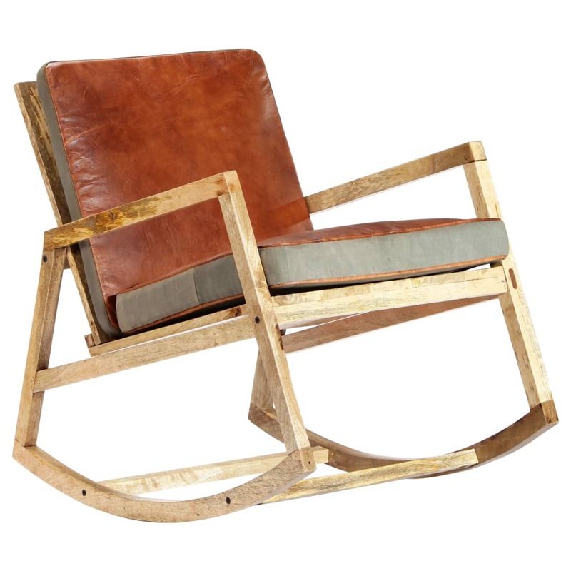 Buy Rocking Chair Brown Real Leather and Solid Mango Wood vidaXL - MyDeal