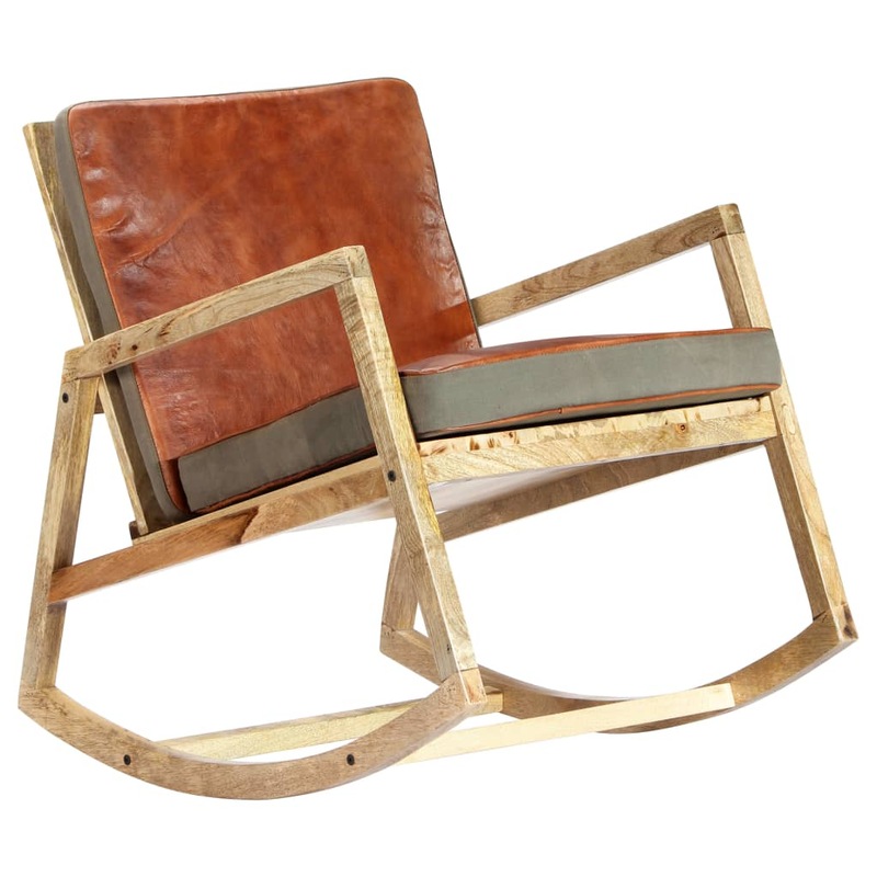 Rocking Chair Brown Real Leather and Solid Mango Wood - MyDeal