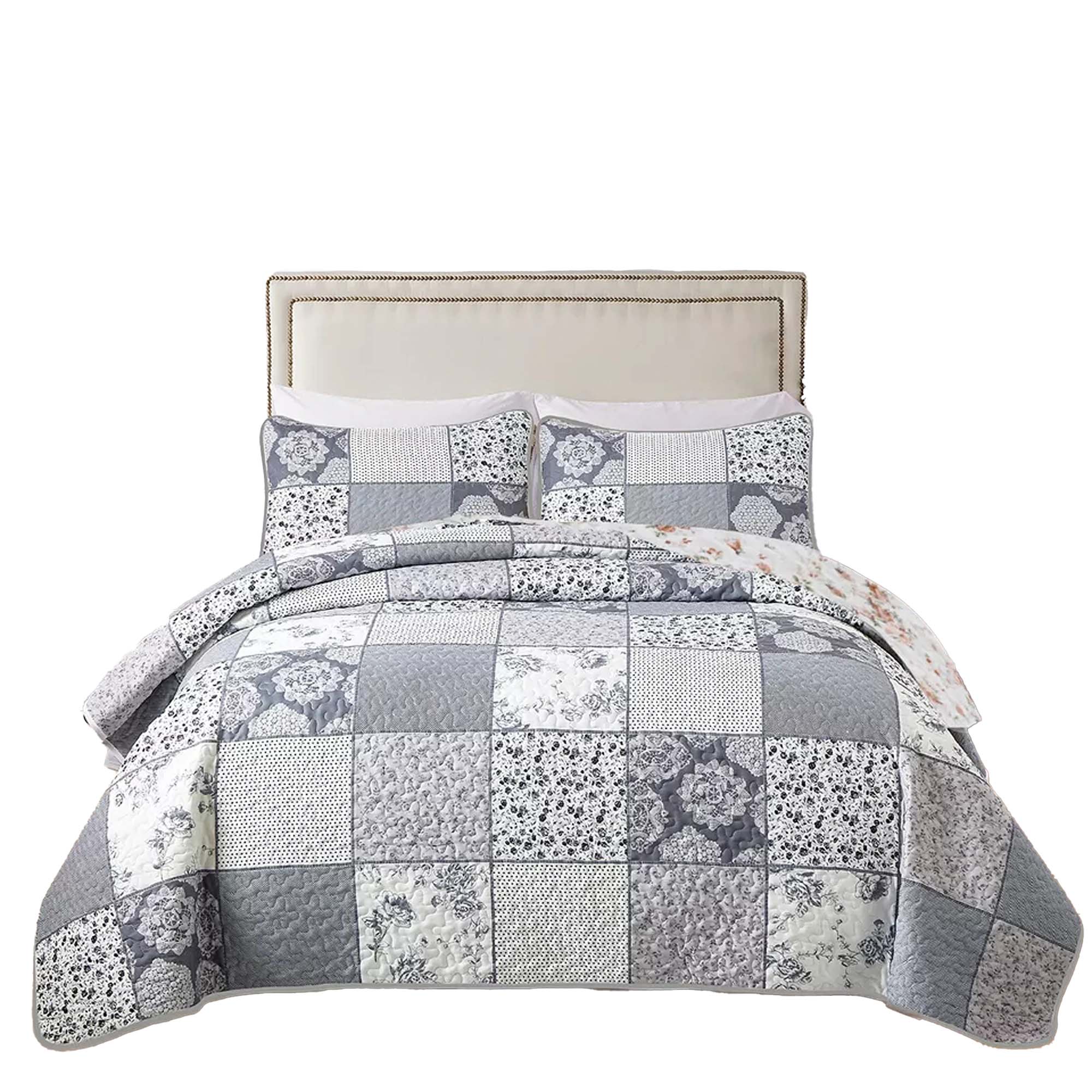 Buy Patchwork Bedspread Quilted Coverlet Sets Bedding Pillowcases Grey Floral - MyDeal Australia