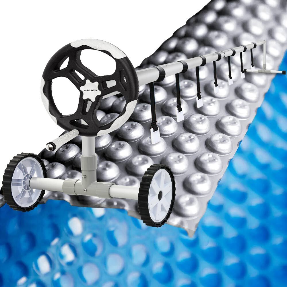 Buy AURELAQUA Pool Roller Cover and 7x4m Solar Blanket 500 Micron, Blue/Silver - MyDeal Australia
