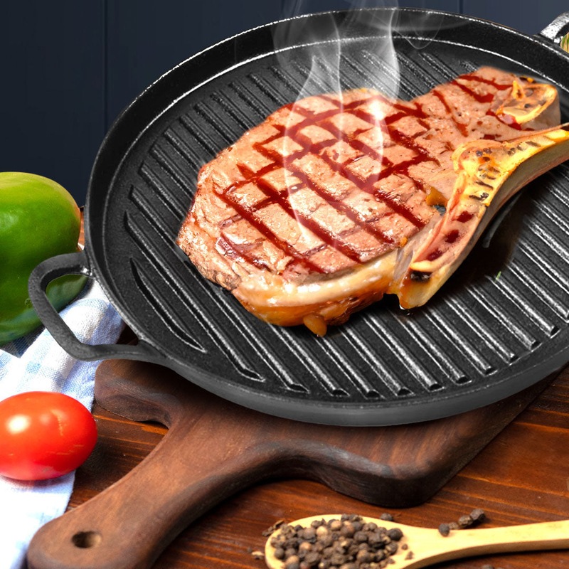 SOGA 30cm Ribbed Cast Iron Frying Pan Skillet Coating Steak Sizzle ...