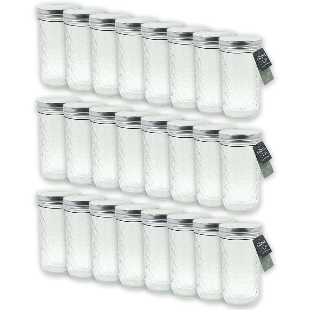 Buy 24PK Glass & Co Cleo Round Silver Lid Quilted Preserving Jar 610ml ...