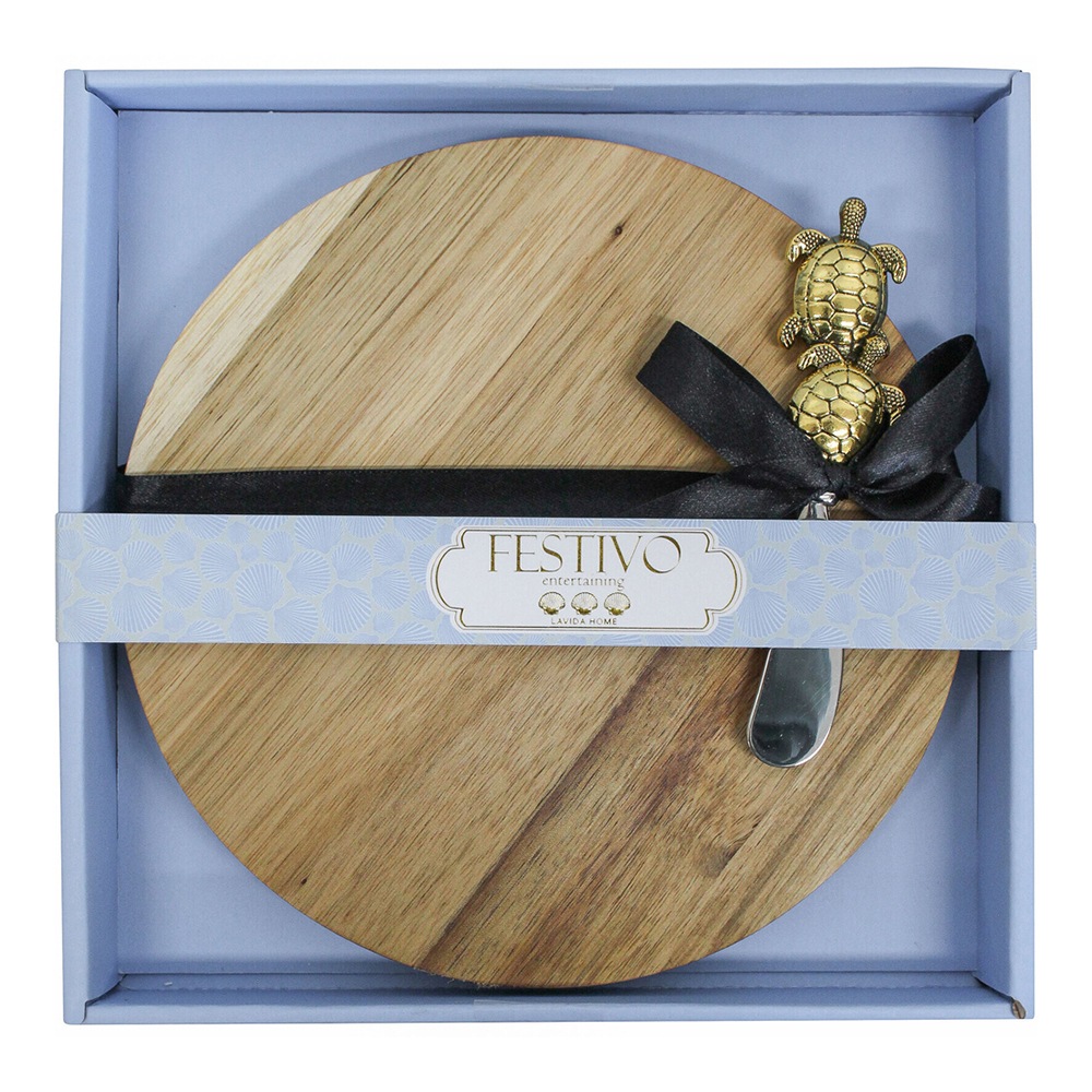 Buy 2pc Acacia Wood Round 22.5cm Board Tray/Metal Turtle Spreader Knife ...