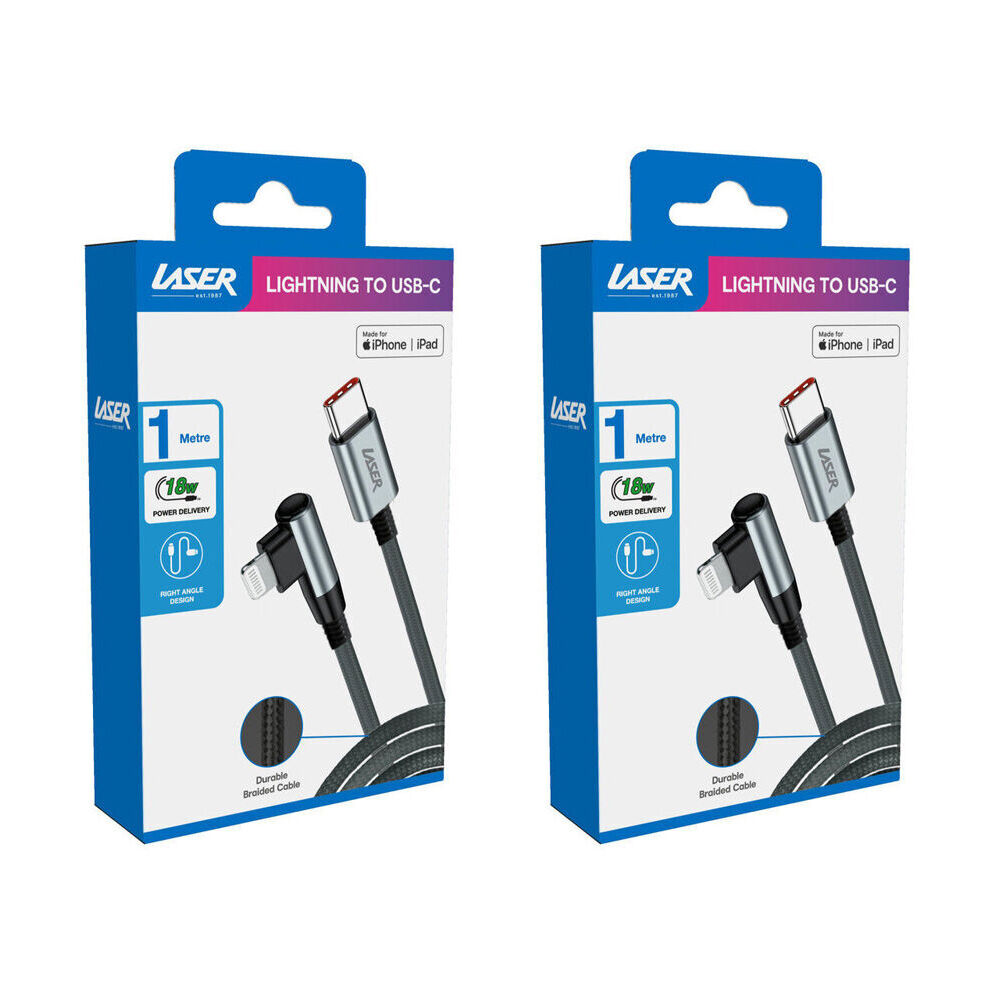 Buy 2PK Laser 1m Right Angle 8-Pin to USB-C 18W Braided Charging Cable ...