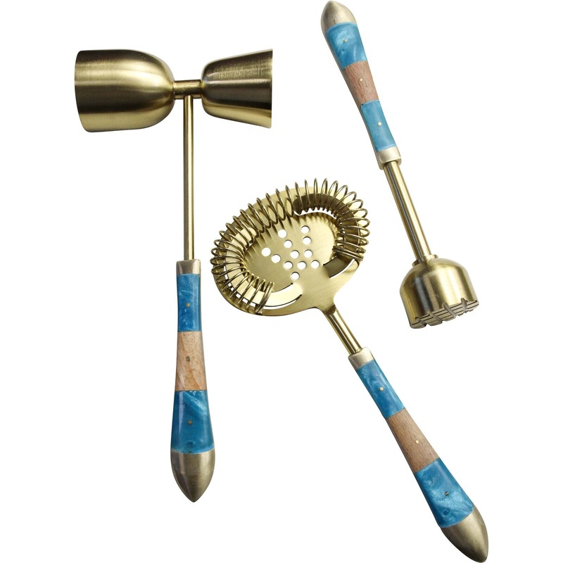 Buy 3pc Mykonos Ss Brass Resin Jigger Strainer Pestle Cocktail Bar Set