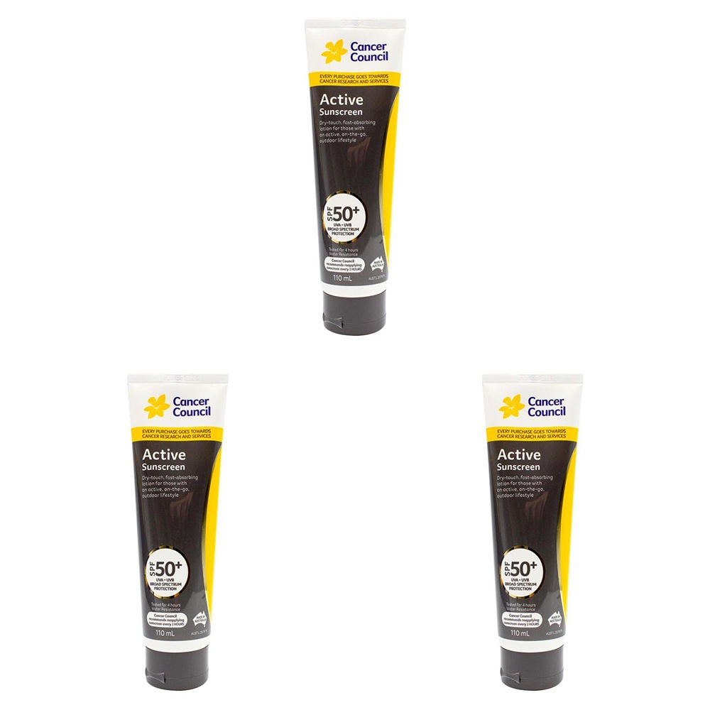 Buy 3x Cancer Council 110ml Active Sunscreen SPF50+ Body Lotion Tube ...