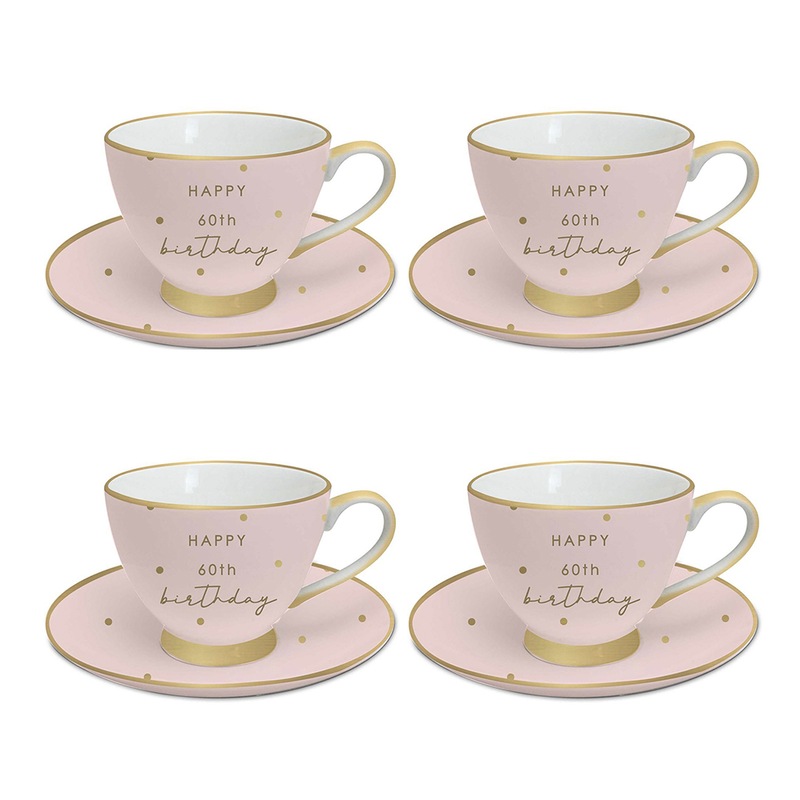 Buy 4PK Tea Cup And Saucer Adult 60th Birthday/Celebration Drinking Cup ...