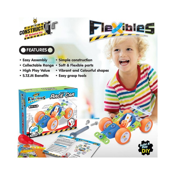 Buy 60pc Construct-It Flexibles Build a Race Car Building Toy Set STEM w/Tools 5y+ - MyDeal ...