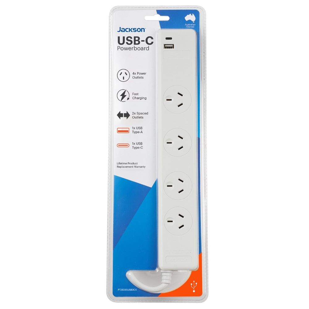 Buy Jackson 32cm Power Board 4-Outlet w/ USB-C/Type-A Fast Charging ...