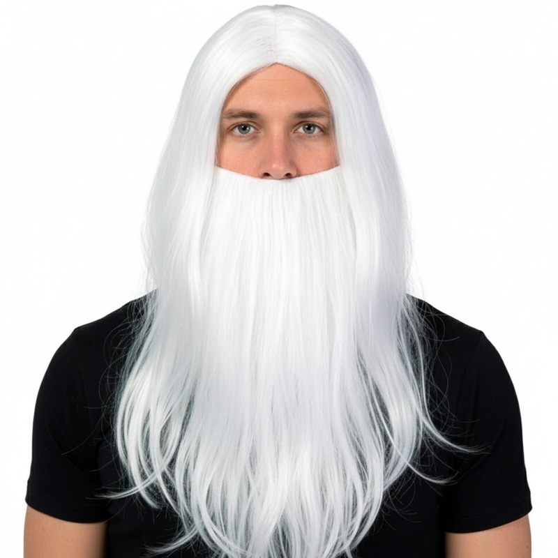Buy White Wizard Wig and Beard Hair Costume Halloween Merlin Gandalf ...