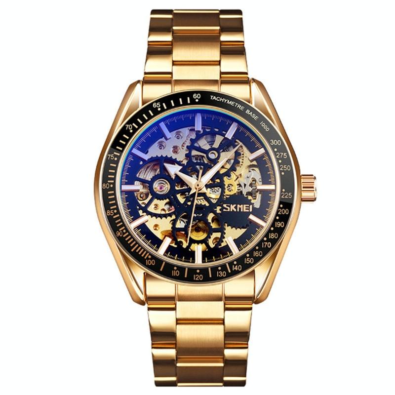 Buy Golden Black Face Men Automatic Skeleton Watch With Steel Band ...