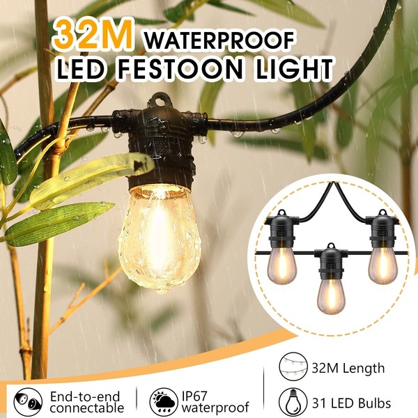 Buy 32M LED String Lights Weatherproof Outdoor Festoon Bulbs with 31 ...