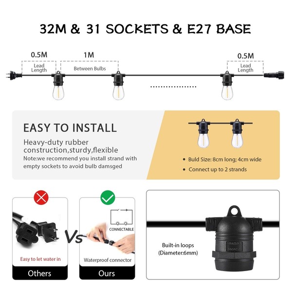 Buy 32M LED String Lights Weatherproof Outdoor Festoon Bulbs with 31 ...