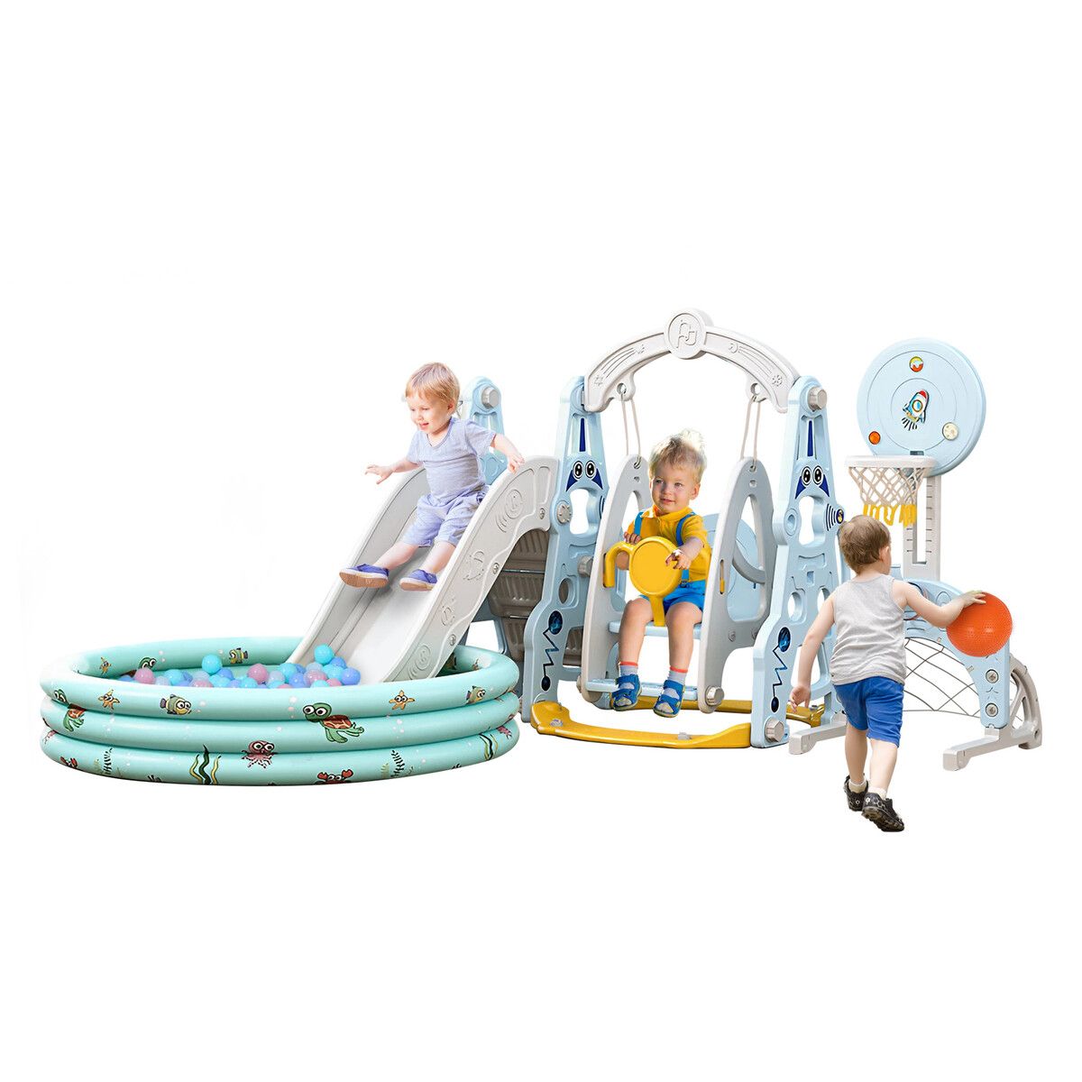 Buy 7 In 1 Slide Swing Set Football Freestanding Stairs Basketball Hoop ...