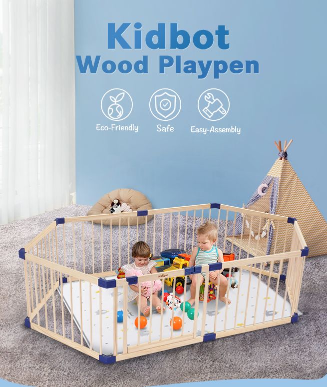 Buy Kidbot 8-Panel Wooden Baby Playpen Kids Activity Play Center Safety ...