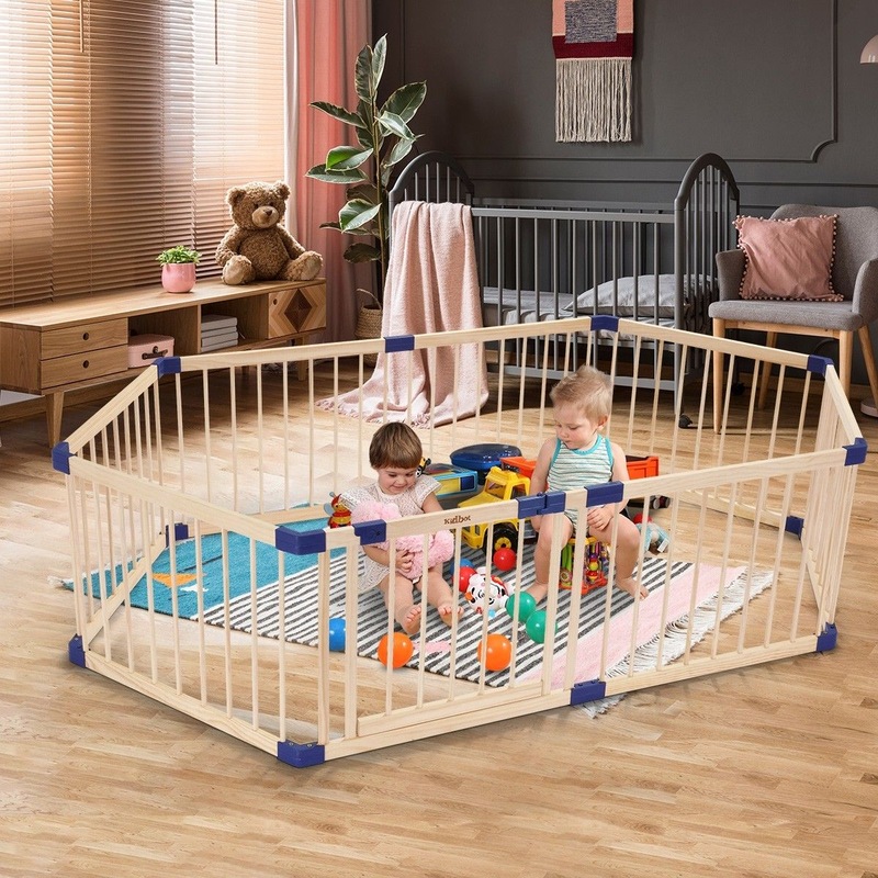 Buy Kidbot 8-Panel Wooden Baby Playpen Kids Activity Play Center Safety ...