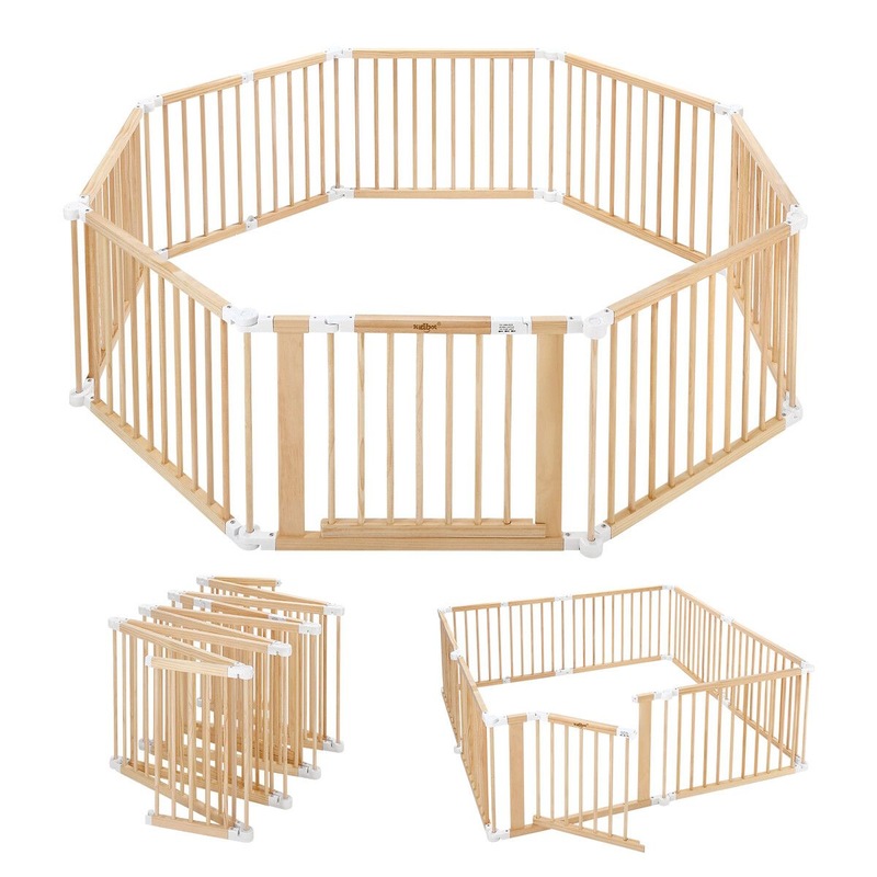 Buy Kidbot Baby Playpen Gate 8 Panel Kids Pet Dog Wooden Safety Fence ...