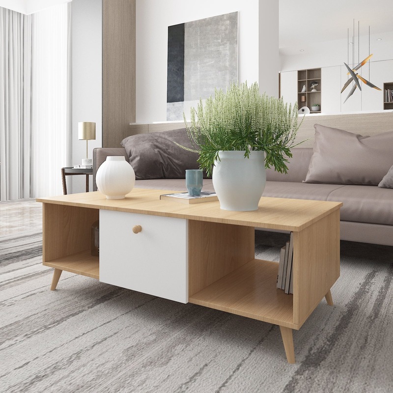 Buy Modern Wooden Natural and White Coffee Table Storage Shelf Drawer 2 ...