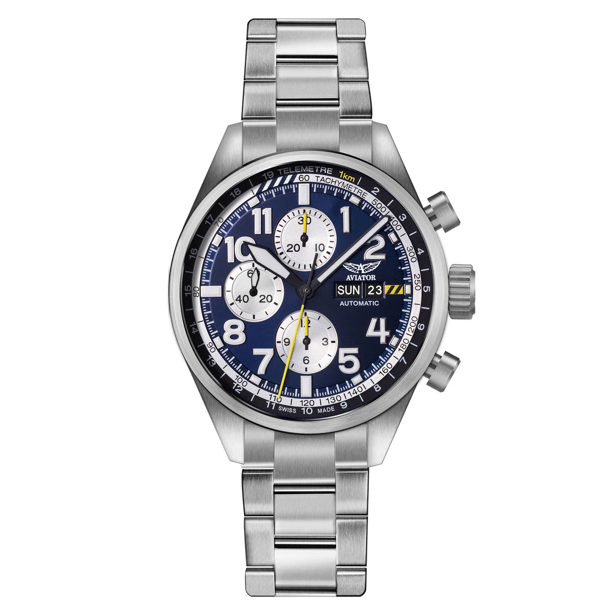 Buy Aviator Silver Steel Blue Dial Chronograph Swiss Made Men's ...