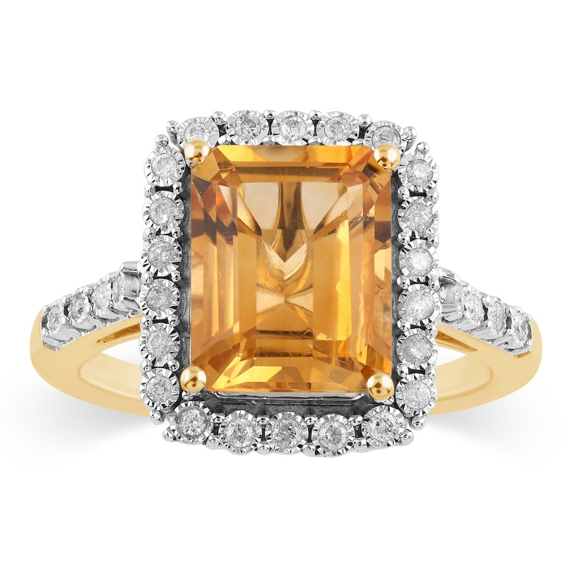 Buy Bevilles Emerald Cut Citrine Ring with 0.15ct of Diamonds in 9ct ...