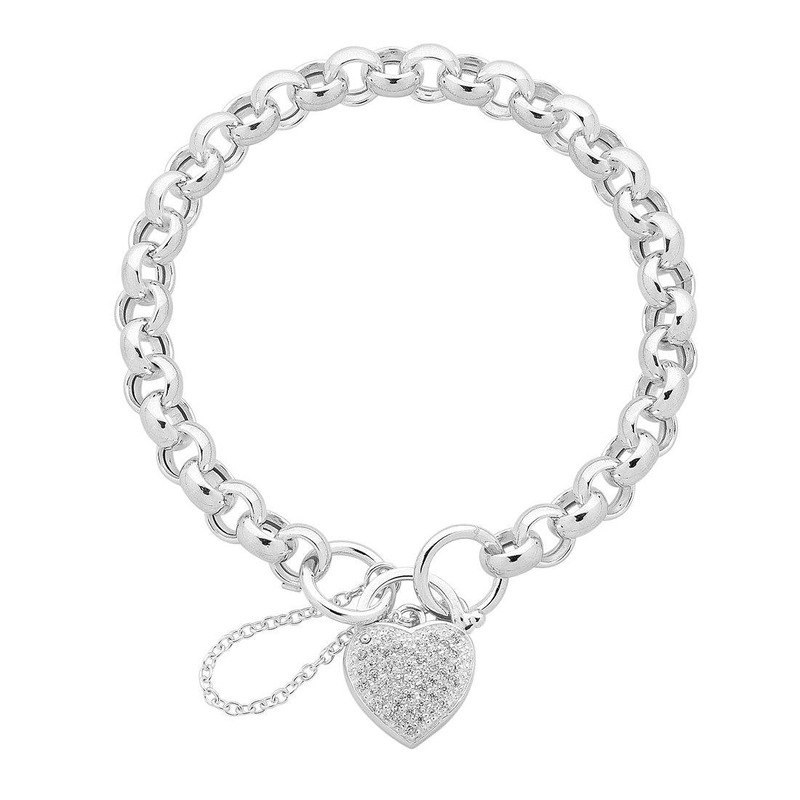 Bevilles Sterling Silver Zirconia Heart Padlock Bracelet Belcher - MyDeal