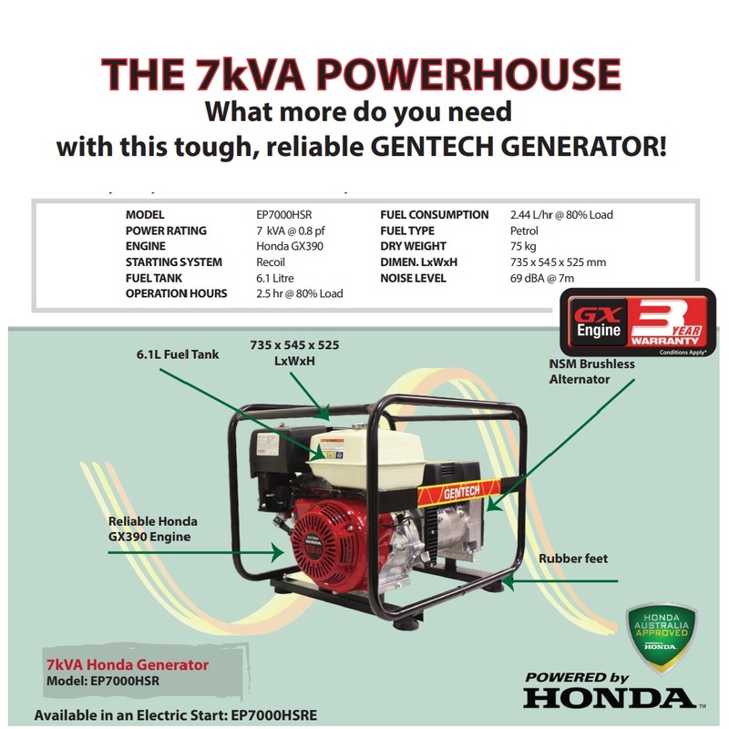 Honda Generator 7 kVA Portable Petrol Powered Honda GX390 Gentech ...