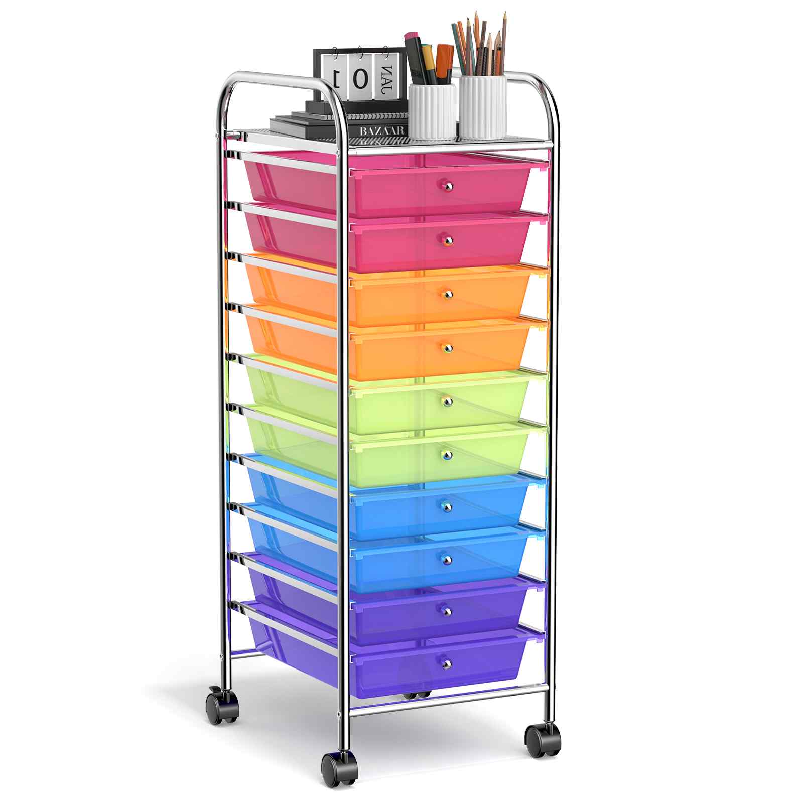 Buy Costway 10 Drawers Electroplated Rolling Storage Trolley Cart ...