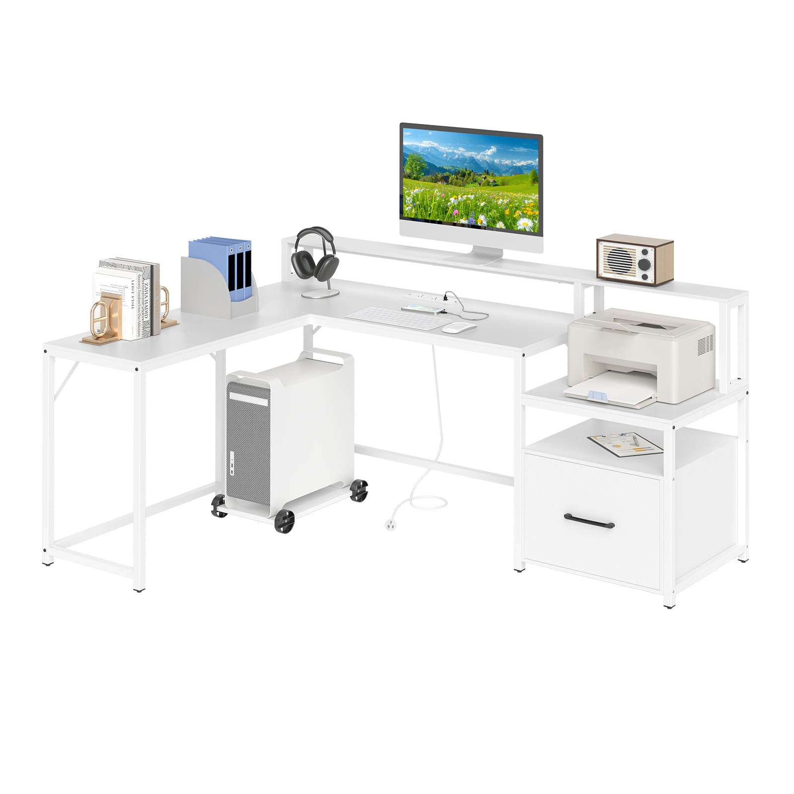 Buy Costway 170cm L-shaped Computer Desk w/Power Outlet Office Modern ...