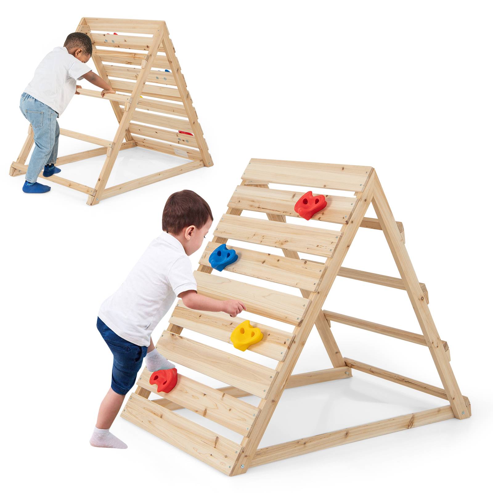 Buy Costway Climb Playset Double Sided Triangle Set Wooden Climbing ...
