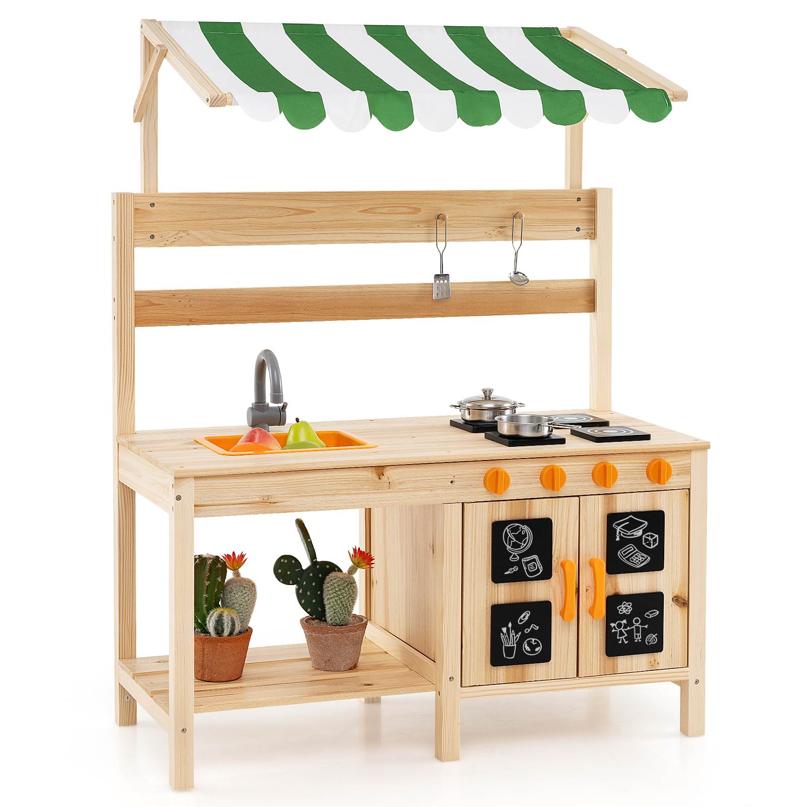 Buy Costway Outdoor Wood Canopy Toy Kitchen Pretend Playset w/Cooking ...