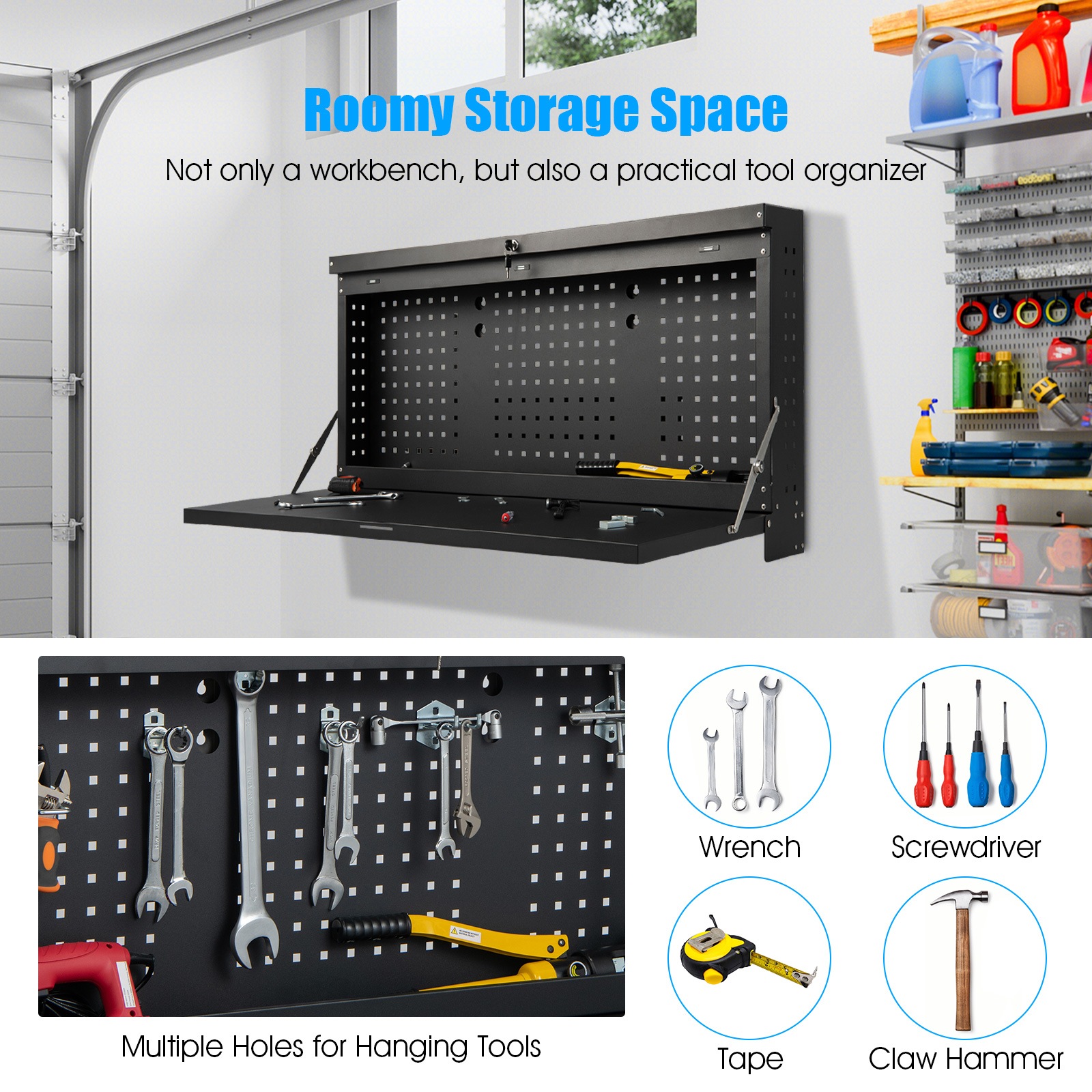 Buy Costway Wall Mounted Workbench Folding Worktable w Peg Board Tool Organizer Garage Workshop Black MyDeal