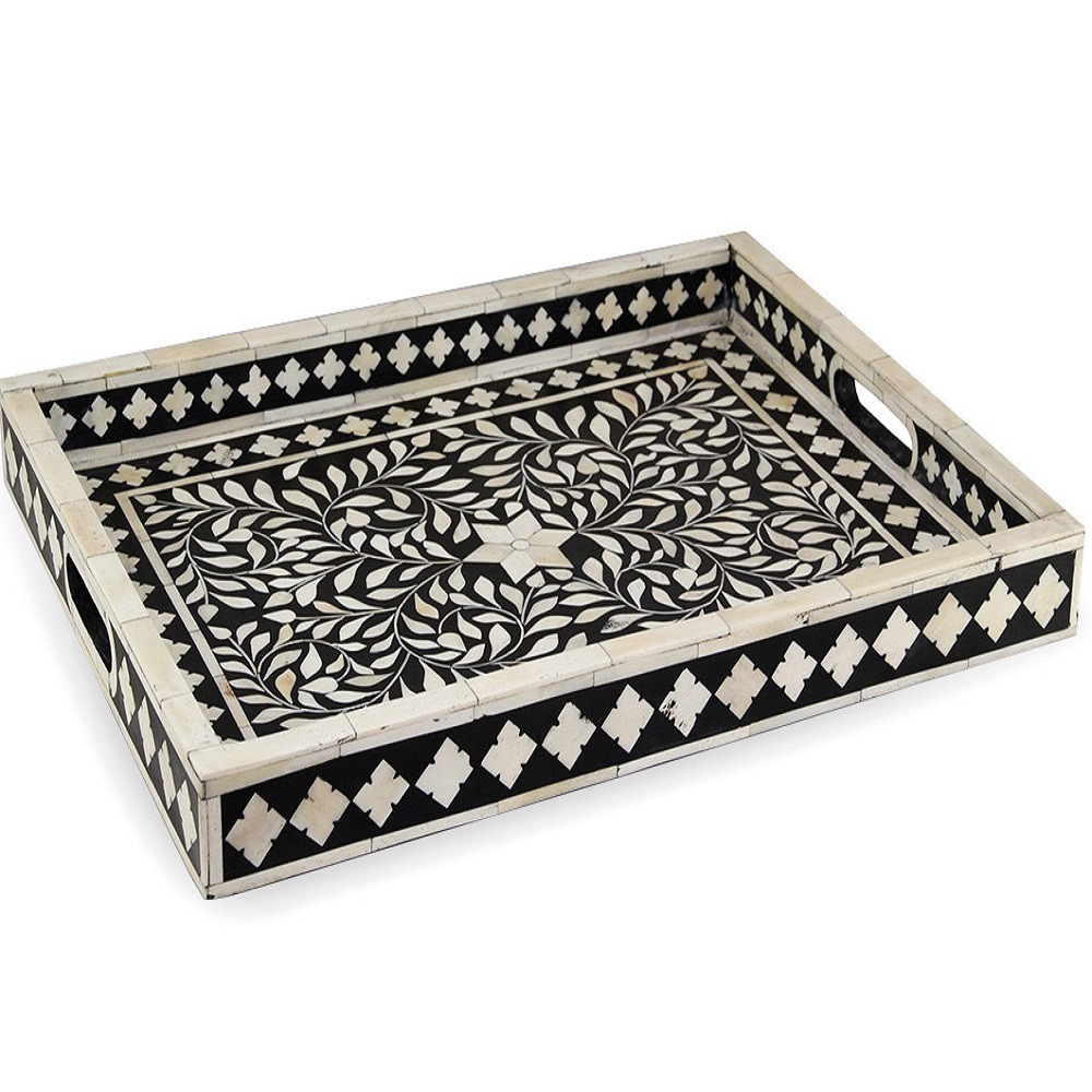 Buy Zohi Interiors Bone Inlay Rectangular Tray in Floral/Black - MyDeal ...