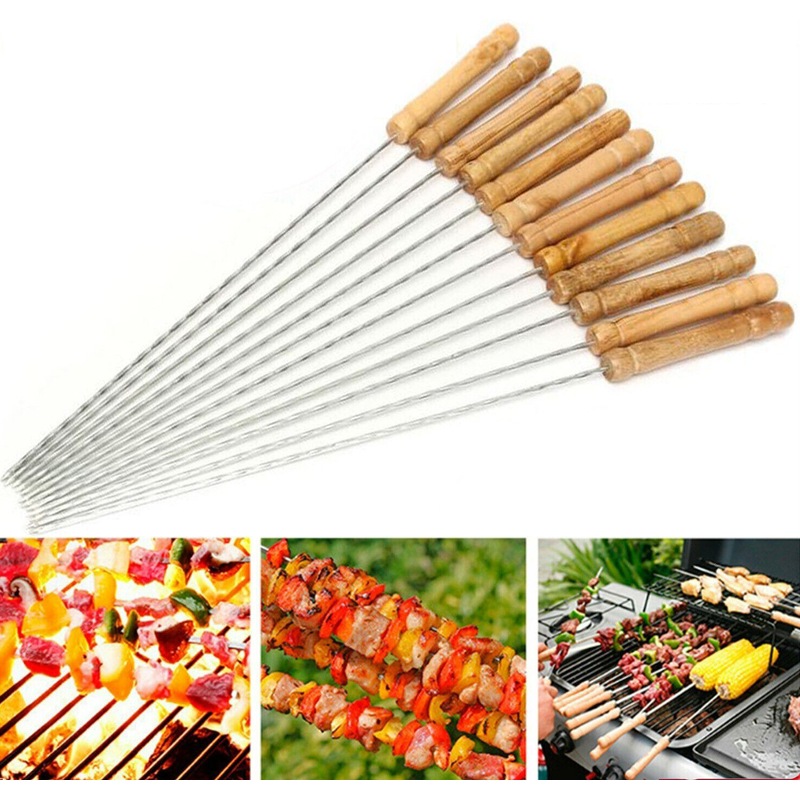Buy 12x BBQ Metal Skewers Stainless Steel Flat Needle Barbecue Tools ...