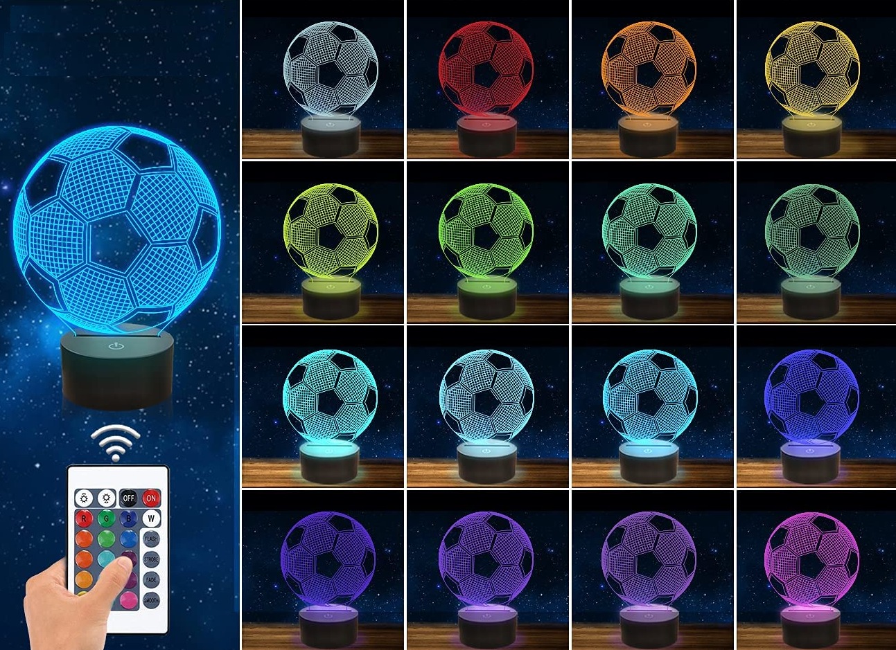 Buy 3D Acrylic LED Football Soccer Night Light 16 Colors Lighting Table ...